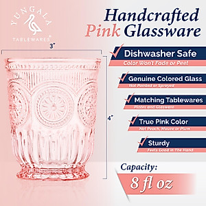 Yungala Pink Glassware Bundle - NEW Pink Wine Glasses Sunflower - Small Pink Cups (Sunflower) - Pink Glass Plates - Matching Pink Glassware Sets with Sunflower Emboss Design