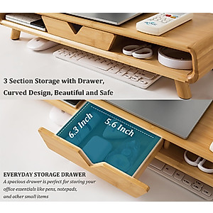 Homerays Bamboo Monitor Stand Riser, No Assembly Required Exquisite Monitor Stand with Drawer, Ergonomic Height Wood Monitor Stand