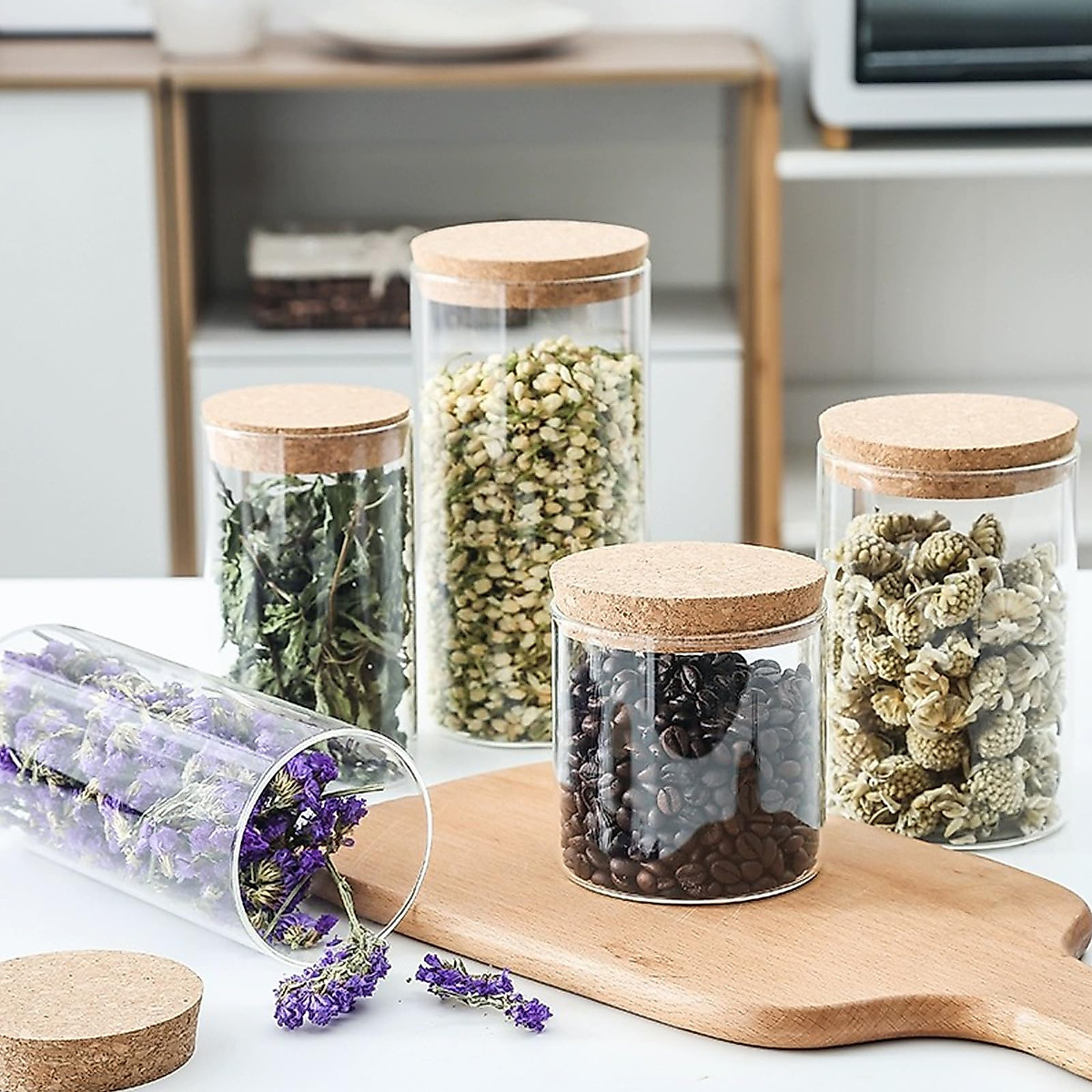 DNIENKGE Airtight Glass Storage Containers with cork Lid, for Kitchen Pantry Organization and Storage jar，Ideal for Coffee Beans Snacks Flour Cereal Sugar Tea 16oz. (Circular 3.9 * 3.3in*2pcs)