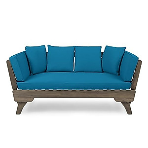 Christopher Knight Home Aldrich Outdoor Acacia Wood Expandable Daybed with Water Resistant Cushions, Dark Teal and Gray