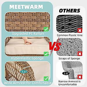 MEETWARM Outdoor Wicker Rocking Chair, Rattan Patio Rocker Chairs with Cushions and Steel Frame - Beige