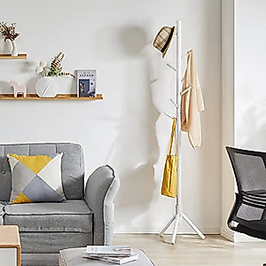 YMYNY Wooden Coat Rack Stand, Free Standing Hall Tree with 8 Hooks Super Easy Assembly, Adjustable Sizes Entryway Coat Rack for Hat, Clothes, Purse, Scarves, Handbags, White, HD-UHRF-1194