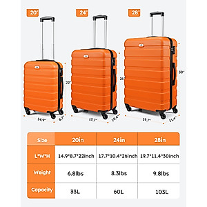 Suitour Luggage 3 Piece Sets Hard Shell Luggage Set with Spinner Wheels, TSA Lock, 20 24 28 inch Travel Suitcase Sets, Orange