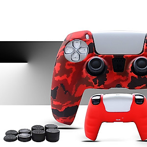 PS5 Controller Skin,Hikfly Silicone Cover for PS5 Controller Grips,Non-Slip Cover for PlayStation 5 Controller- 1 x Skin with 8 x Thumb Grip Caps(Red)