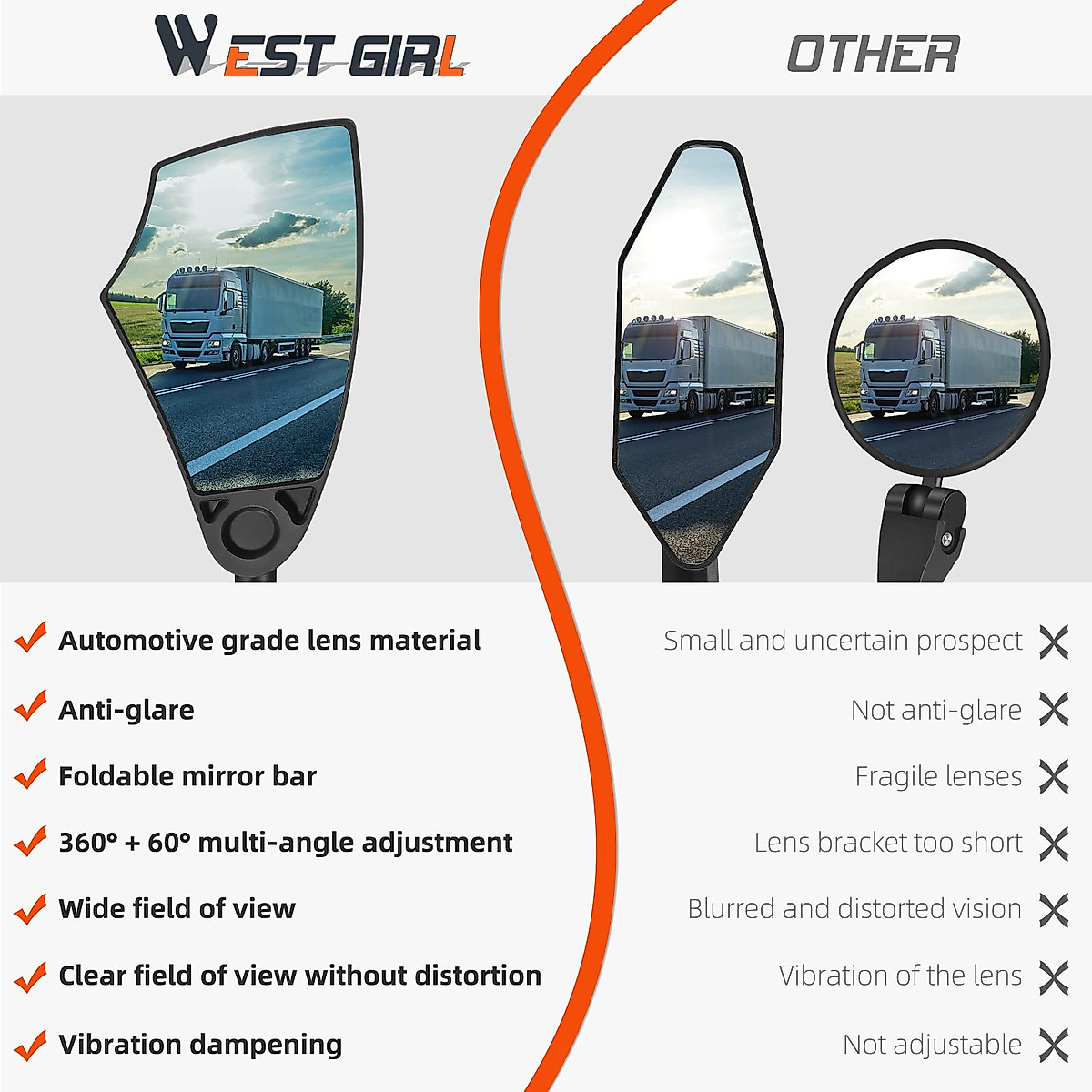 WEST BIKING Anti-Glare Handlebar Bike Mirror - Bike Rear View Mirror With Retractable & 360 ° Adjustable Lens, Foldable Bicycle Mirror For 20-23mm Handlebar (2PCS)