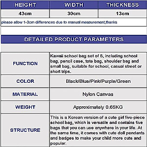 pdghiue 5-Piece Aesthetic Kawaii Backpack Set with Kawaii Pin and Pendants Accessories, Nylon Material | Durable & Adorable