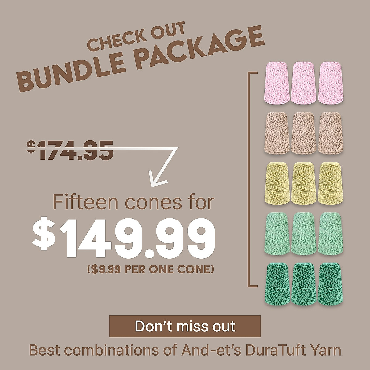 And-et DuraTuft Yarn 45 Vibrant Colors Tufting Nylon Yarn Pack - Ideal for Crochet, Craft Projects -100% B.C.F. - 3 Cones x 1.66lbs -180yards -Perfect for Rug Weaving and Knitting (03 Pink Beige)