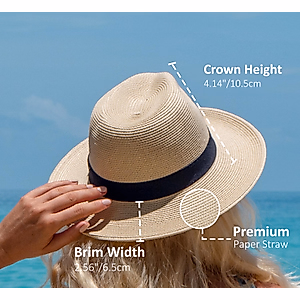 Joywant Abby Straw Sun Hat for Women with UV Protection Wide Brim Wind Lanyard,Travel Foldable Summer Beach Hat Panama Fedora-Beige