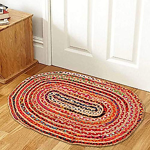 Jute Multi Chindi Oval Braided Rug, Tightly Braided Chindi and Jute Rug,Reversible,Durable,Sustainable Rug Pad, Shag Rugs for Bedroom, Floor Rug, Bedroom Rugs, Jute Kitchen Rug-24x36 Inch Multi Color
