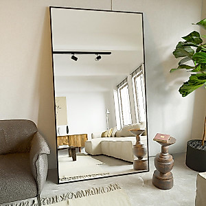 Koonmi Large Mirror Full Length 34"x76", Floor Body Mirror with Stand, Metal Frame Wall-Mounted Vanity Mirror, Hanging Leaning or Standing, Black