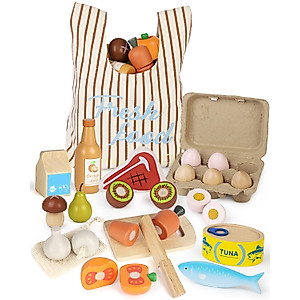 Lehoo Castle Wooden Play Food Sets for Kids Kitchen, Food Toys for Toddlers 3+ Year Old, with Shopping Bag, Pretend Food Play Kitchen Cutting Fruits Vegetables Toys, Gift for Boys Girls