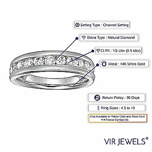 VIR JEWELS 1/2 carat (ctw) Diamond Wedding Anniversary Band for Women, Half Eternity Round Diamond Comfort Fit Engagement Ring 14K White Gold Channel Set 0.50 cttw, Size 9.5