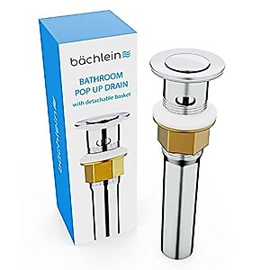 Bächlein Bathroom Sink Drain with Overflow - Chrome Pop Up Drain incl. 3 Extra Seals - German Brand