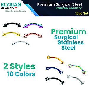 ELYSIAN 10Pcs tainless Steel Rook Daith Earrings Belly Lip Ring Eyebrow Studs Cartilage Tragus Cubic Zirconia Barbell Body Piercing 8mm (5/16''), Blue, Black, Green, Gold, Pink, Purple, Silver