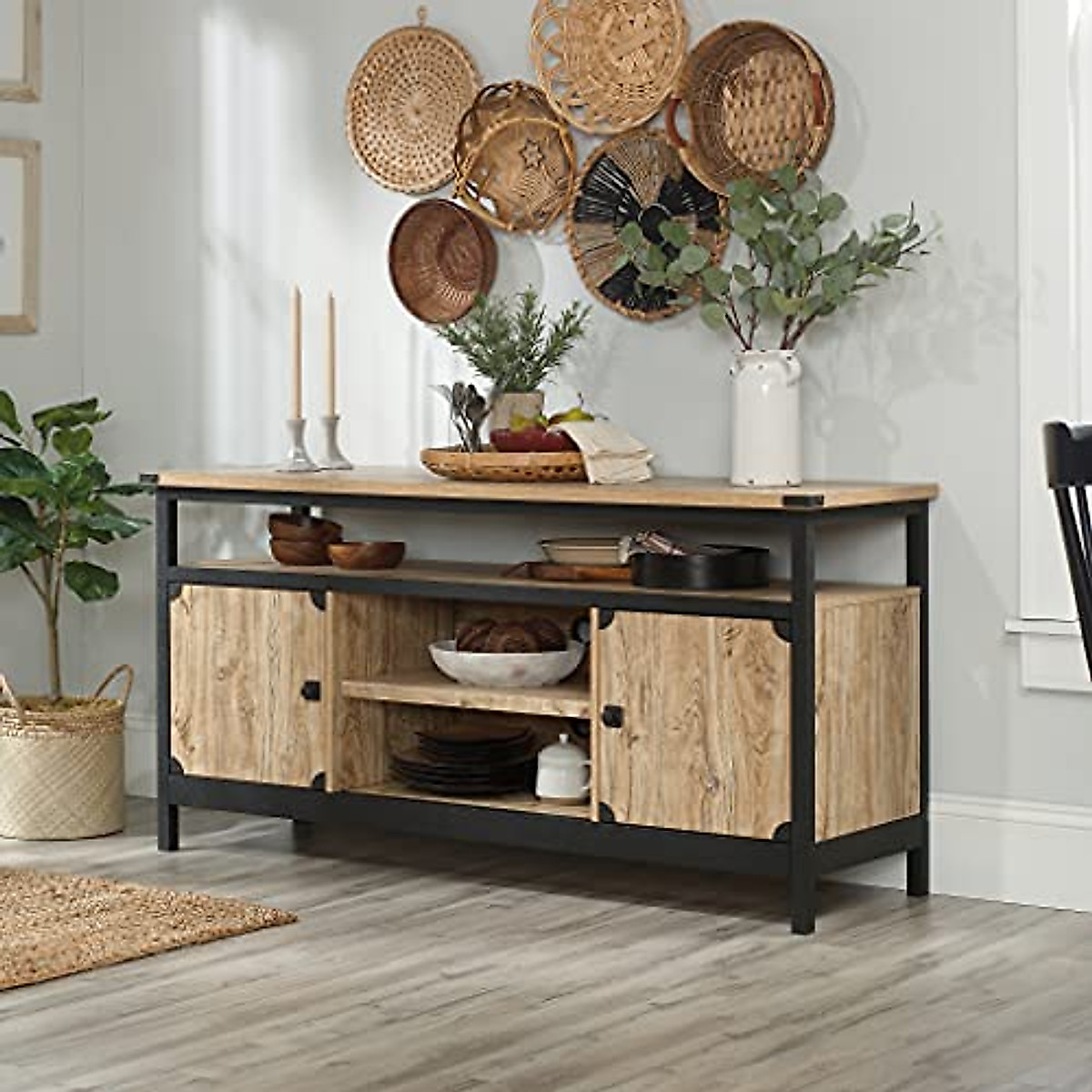 Sauder Steel River TV Stand with Doors, L: 60.24" x W: 19.09" x H: 29.72", Milled Mesquite Finish