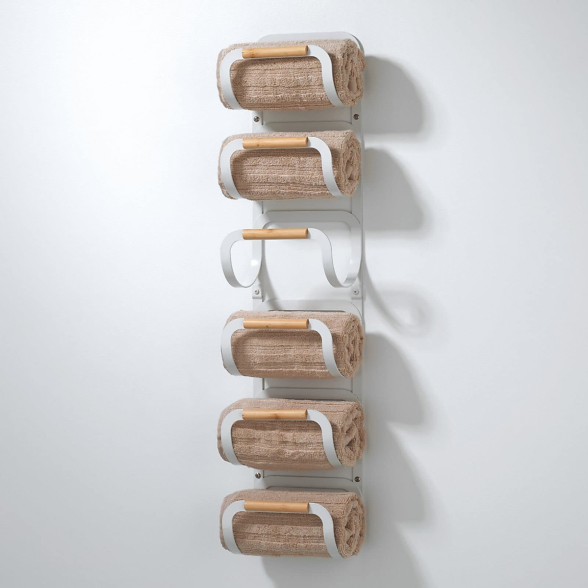 mDesign Wall Mount Towel Storage Rack for Bathroom - 6-Tier Hanging Organizer Mounted Holder Shelf for Multiple Bath Towels or Robes - Steel Metal and Wood - Yami Collection - Matte White/Natural