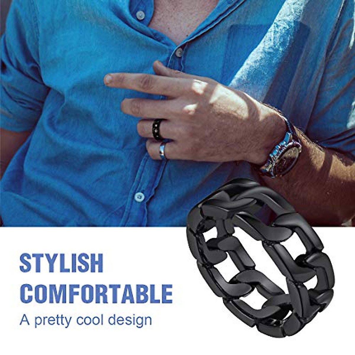 Mens Ring Cuban Link Rings Cool Stainless Steel Mens Chunky Black Ring