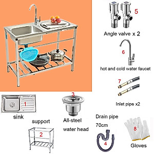 Utility 1 Compartment Laundry Sink Stainless Steel Single Bowl Kitchen Sink with hot and Cold Faucet, Free Standing Washing Hand Basin for Backyard Garage RV, Silver, 6.3 Inch Deep