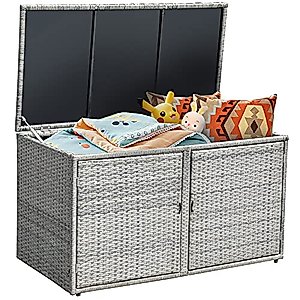 Giantex Rattan Deck Box Outdoor&Indoor 88 Gallon Wicker Storage Box W/Separate Storage Shelf, Openable Door, Toys and Tools Storage for Patio,Garden, Balcony, Porch, Yard Rattan Storage Box (Gray)