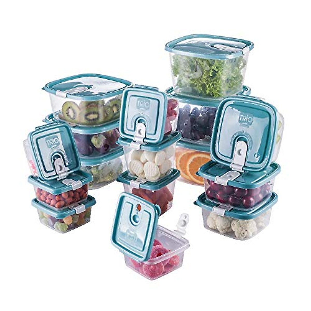 Plastic Food Storage Containers w/attached Lids. Multi sizes Containers. Microwave/Freezer & Dishwasher Safe - Steam Release Valve. BPA/Free (16, Light Blue)