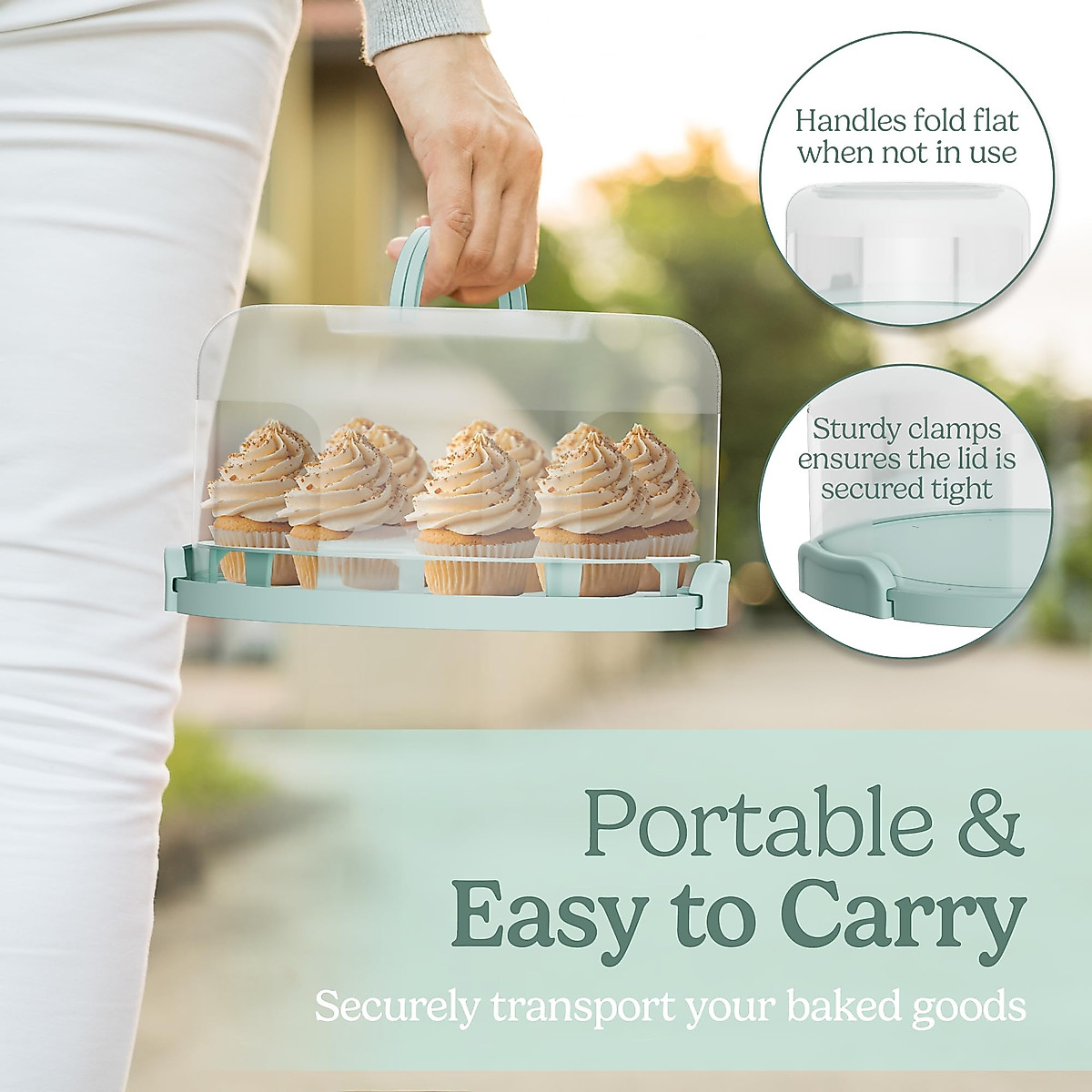 Cake Carrier with Lid and Handle - Multipurpose Cake Stand with Lid for 10” Cake, Pie, Cupcakes - Cake Holder & Lid, Plastic Cake Container, Round Cake Cover for Transport & Storage (Seafoam Green)