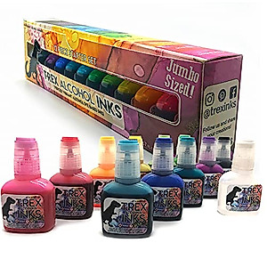 T-Rex Inks Premium Alcohol Inks Starter Set- 12 Vibrant XL Colors - Alcohol Ink for Epoxy Resin Dye, Painting, Tumbler Making & More - Storage Box & Alcohol Ink Blending Solution - 20ml Bottles