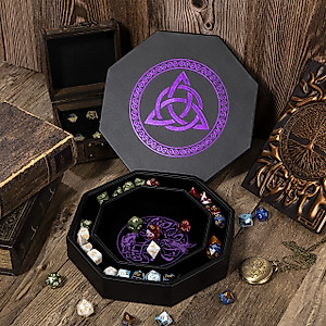 DND Dice Tray - Premium 8 Inch Tray Dungeons and Dragons - Exquisitely Detailed Purple World Tree & Triquetra Design - Perfect Rolling & Box Storage to Protect Your Dice for D&D and RPG