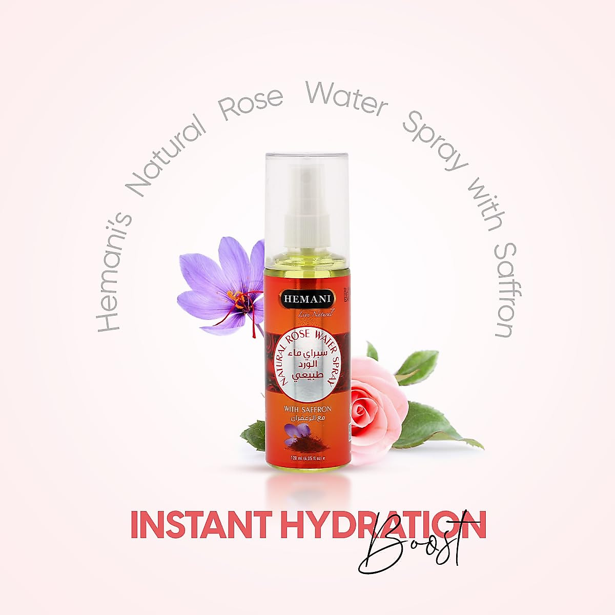 Hemani Rose Water Damask Spray with Saffron (120ml) - Natural Facial Mist for Glowing Skin, Hypoallergenic, Vegan, Cruelty-Free, No Dyes/Alcohol, Suitable for All Skin Types.