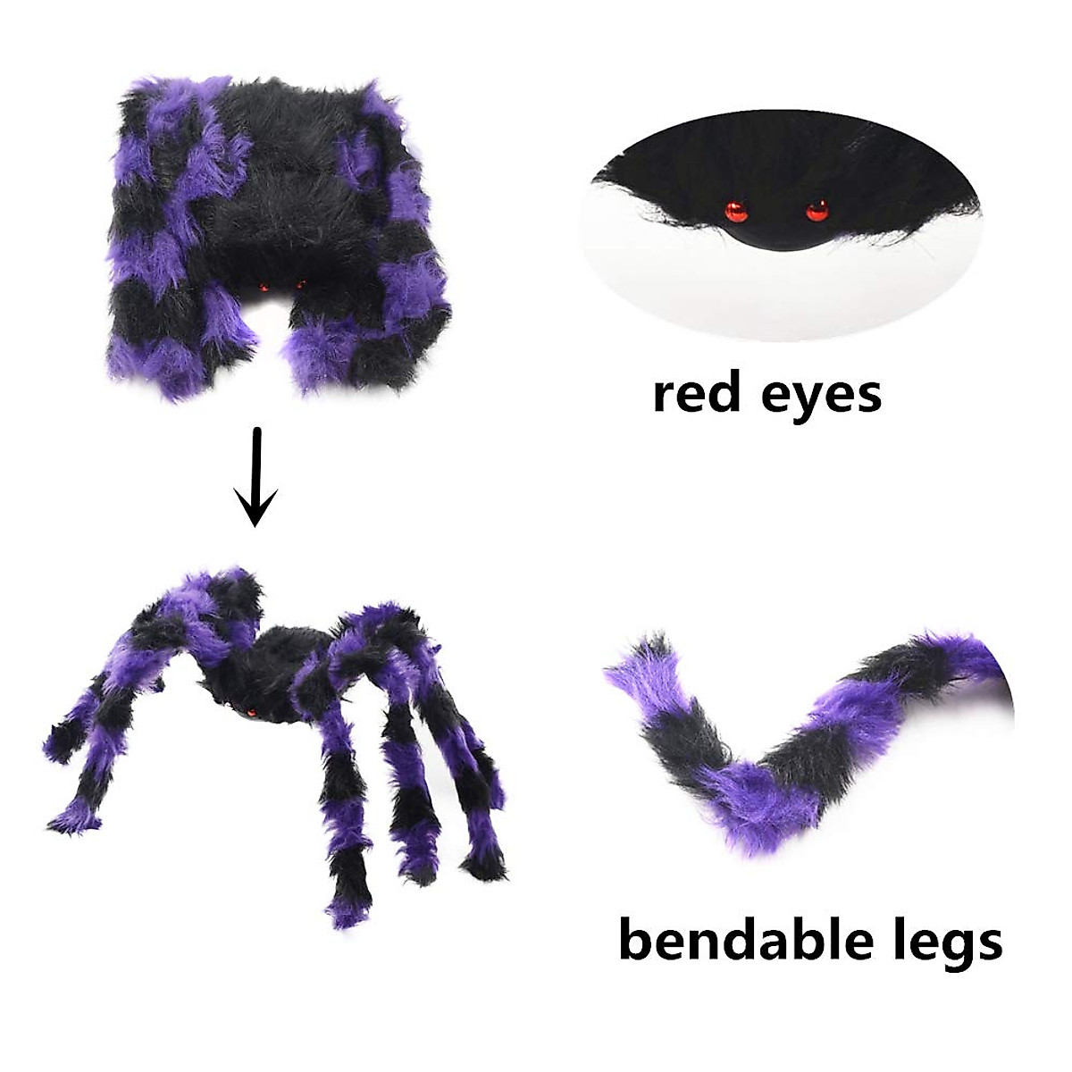 BEIGUO 5pcs Halloween Spider Giant Spider with Red Eyes Colorful Hairy Scary Halloween Spider Decorations for Indoor,Outdoor(1pcs 30",2pcs 20",2pcs 12")