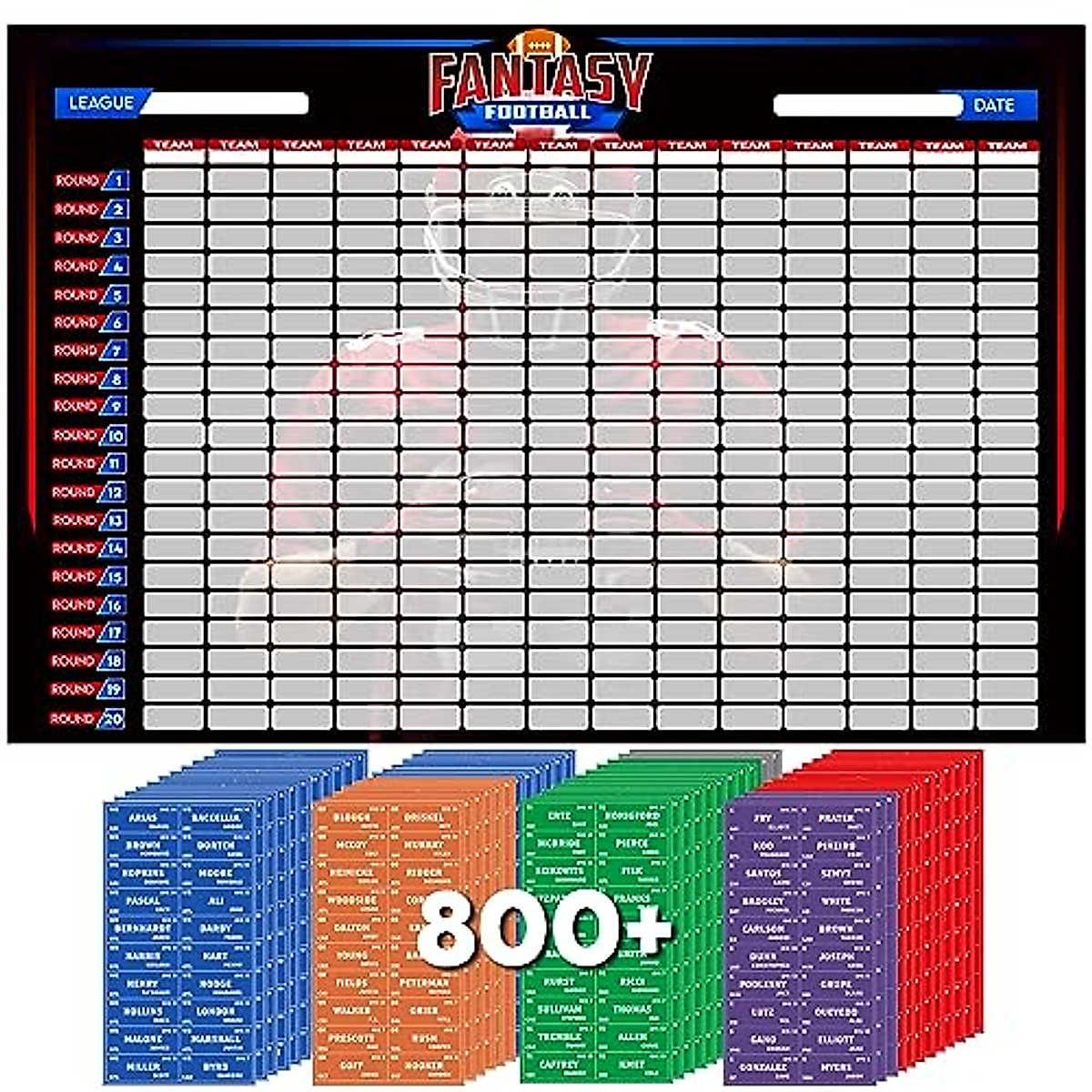 Esjay Fantasy Football Draft Board 2023-2024 Kit, Extra Large with 800+ Player Stickers, Fantasy Draft Board 6ft x 4ft - 14 Teams 20 Rounds, Includes 2023 Top Rookie