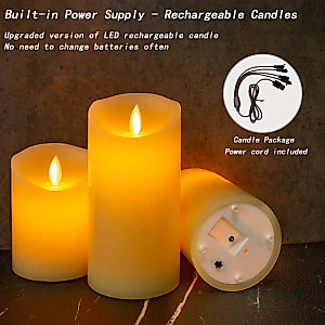 LEDHOLYT Rechargeable Flameless Candle, Flickering LED Pillar Real Wax Candle, Electronic Candle with Remote Control and Timer, USB Rechargeable Candle, Set of 3