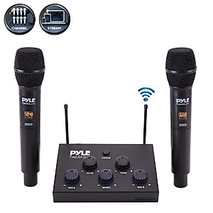 Wireless Karaoke Microphone Mixer System - 8-Channel Optical/Coaxial Input Mixer w/Digital UHF Wireless Mics, 3.5mm Input/Output, Works w/Home Theater, Receiver, Amplifier, Speaker - Pyle PDWMKHRD23