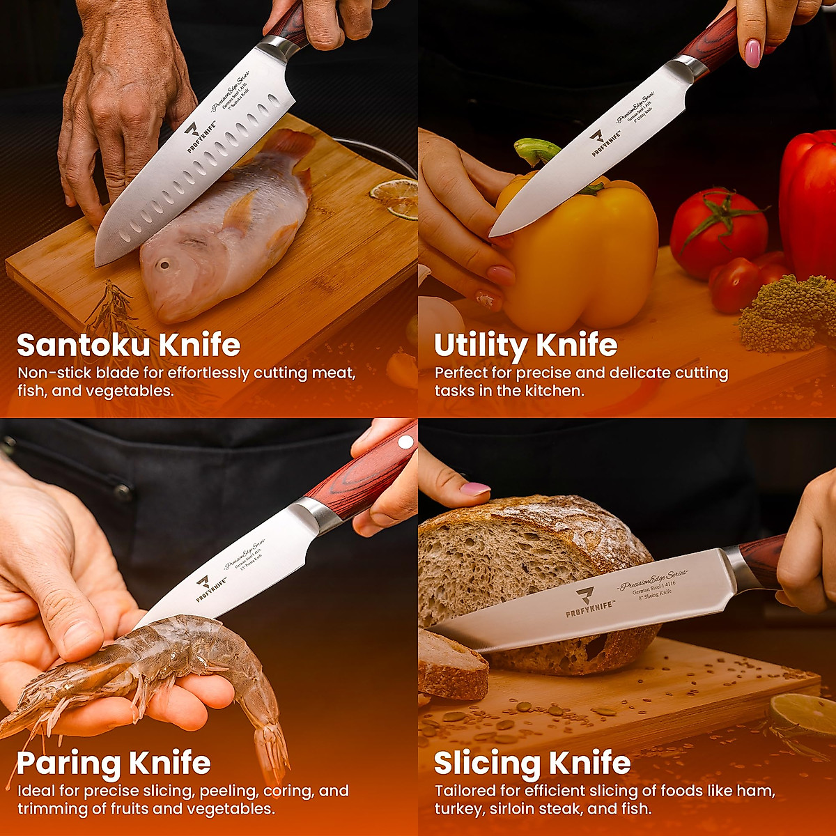 PROFYKNIFE PrecisionEdge 5 Piece Knife Set Ultra Sharp Japanese Chef Knife Set Professional with Ergonomic Red Pakkawood Handles Japanese Kitchen Knives Sets without block High Carbon Stainless Steel