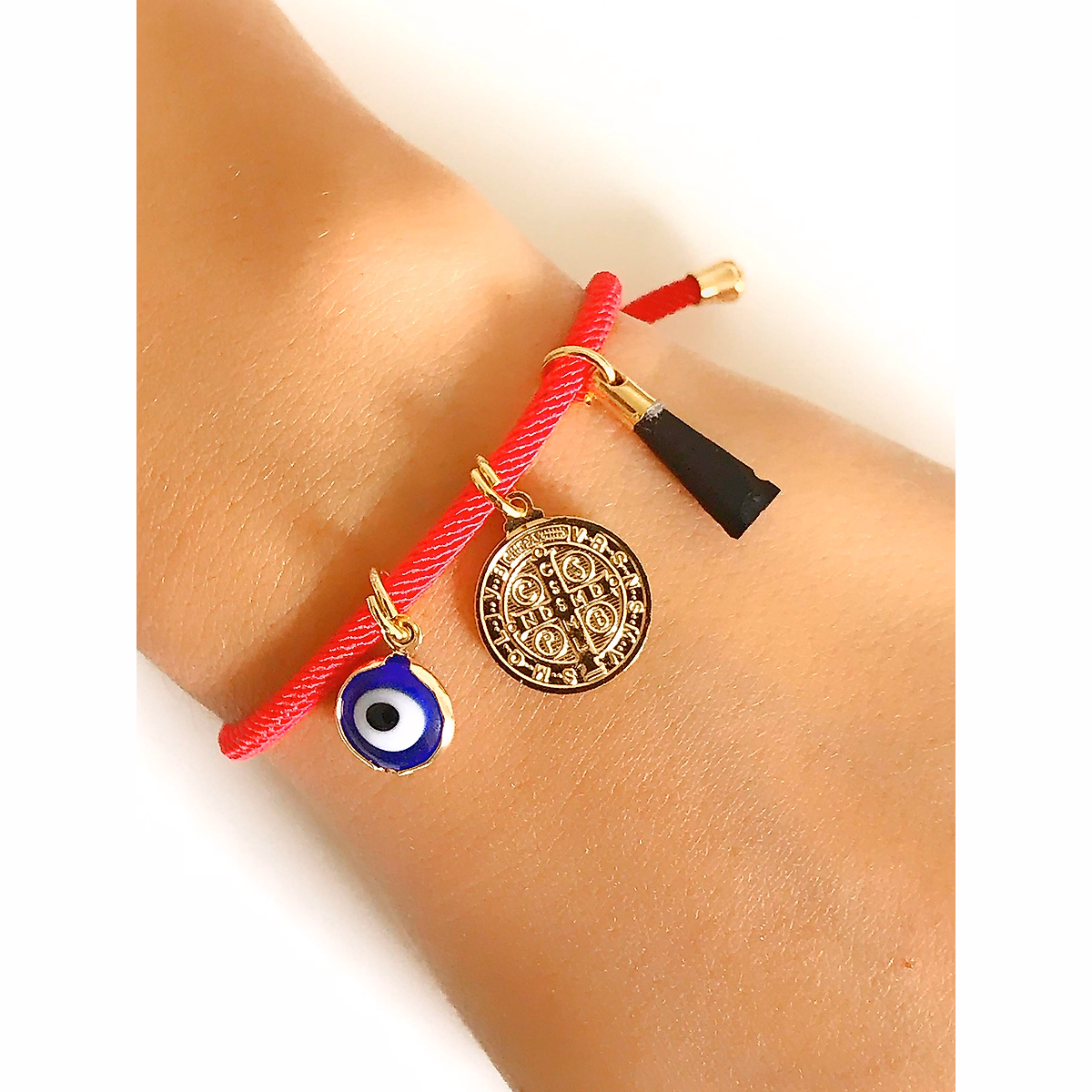 18K Gold Plated Saint Benedict Red String Bracelet Adjustable Charm Evil Eye & Dainty Genuine Azabache Hand