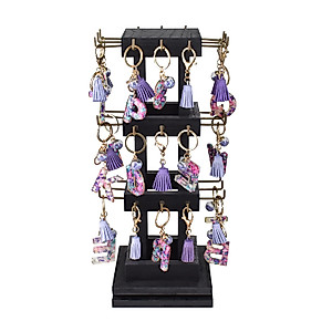Ikee Design 36 Hooks Wood Rotating Keychain Holder Display Stand,3 Tier Jewelry Display Tree Stand,Bracelet Holder, Earring Rack for Vendors and Selling, Black Color
