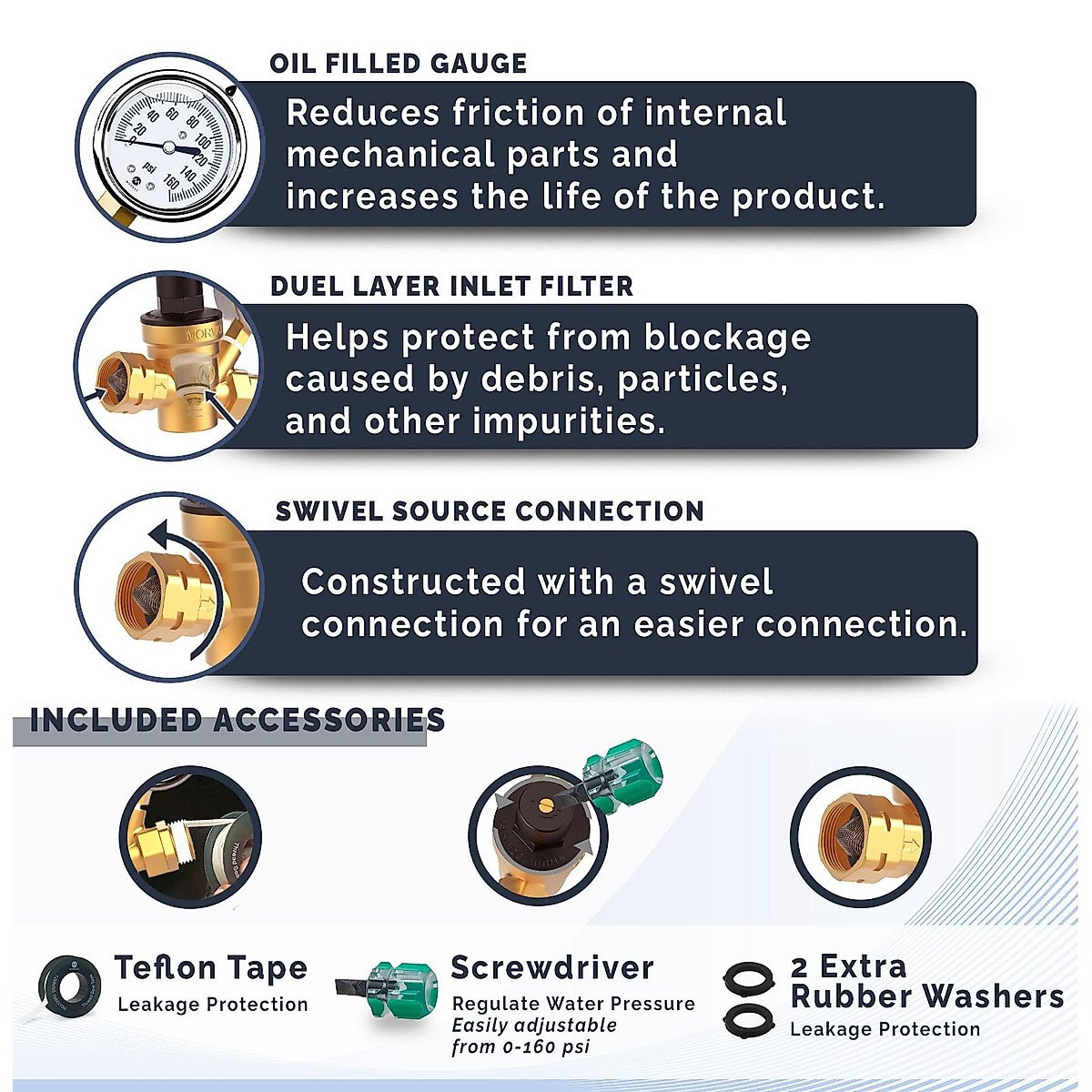 Morvat Premium Lead-Free Brass RV Water Pressure Regulator Adjustable Valve with Oil Filled Gauge for Camper, Includes Screwdriver, Roll Of Teflon Tape & 2 Extra Rubber Washers