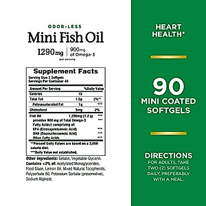 Nature’s Bounty Mini Fish Oil Softgels 1290 mg, Omega-3, Supports Heart Health, Odor-Less, 90 Mini Coated Softgels