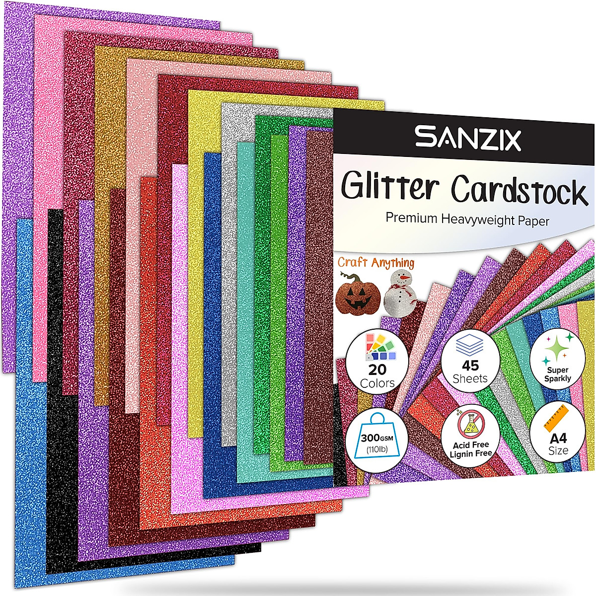 45 Sheets, 20 Colors (300 GSM) Glitter Cardstock comes with EXTRA SHINE! 8.27x11.7 Inches, 110 lb - Non-shedding Glitter Cardstock for Cricut, Crafts and DIY Projects