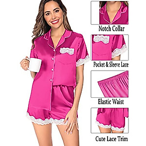 SWOMOG Women's Silk Lace Pajama Sets Satin Button Down Pjs Lace Shorts 2 Pcs Sleepwear Bridal Party Lounge Set with Pockets Red Rose
