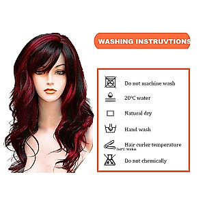 MeCamping Short Curly Wig with Bangs Synthetic Long Hair Wavy Red Mixed Black Wigs Party Cosplay Costume Halloween Wig Resistant Fiber Hair for Women Girls, 24 Inch (Pack of 1), Red mixed with black