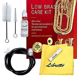 Libretto Low Brass ALL-INCLUSIVE Cleaning Kit with Instructions: Valve Oil + Slide Grease + Cleaning Cloth + Mouthpiece/Valve/Bore Brushes. A Great Gift for Tuba, Euphonium, Baritone, Sousaphone &More