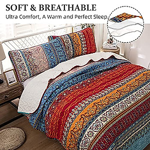 WONGS BEDDING Bohemian Quilt Set California King, Boho Striped Pattern Printed Quilt Coverlet for All Season, Soft Microfiber Boho Bedspread Set 96"x106"(3 Pieces, Cal King)
