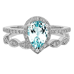 Dazzlingrock Collection 9X6 MM Pear Aquamarine & Round Diamond Ladies Halo Teardrop Wedding Ring Set in 14K White Gold, Size 5.5