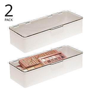 mDesign Long Plastic Cosmetic Storage Organizer Box Containers, Hinged Lid for Bedroom, Bathroom Vanity Shelf or Cabinet, Holds Masks, Palettes, Lotion, Nail Polish, 2 Pack, Cream/Beige/Clear