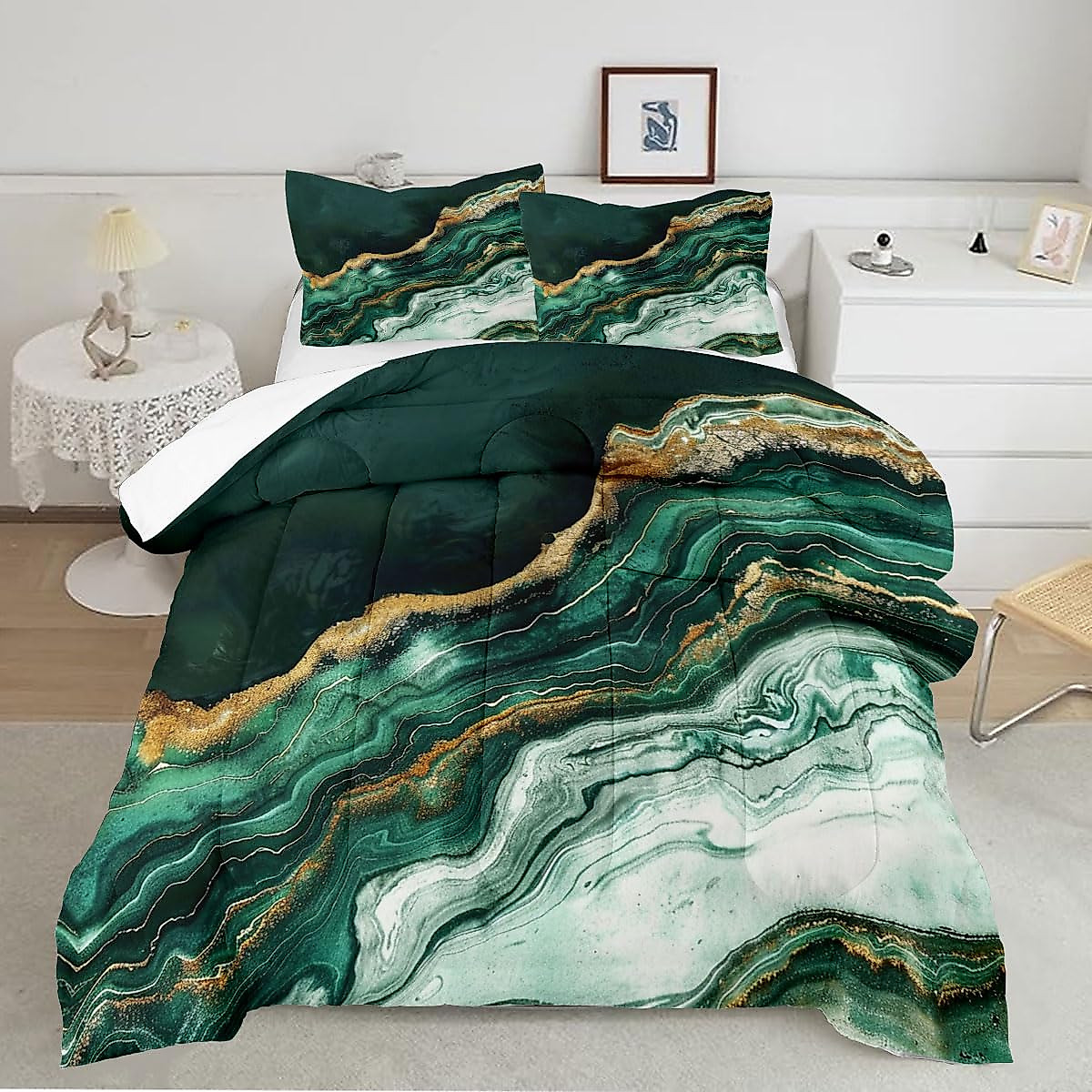 CCoutueChen Olive Green Marble Comforter Set Queen Size Abstract Gold Marble Bedding Sets Contemporary Comforter Modern Marble Bed Set 3Pcs Soft Fluffy Lightweight Comforter (Girls Women Adult)