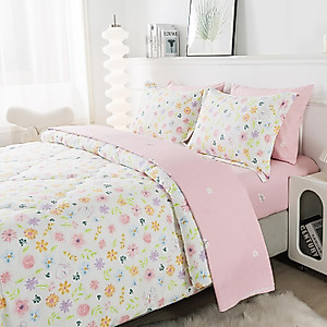 Wajade Floral Comforter Set Bed in A Bag Full Size 7 Piece Botanical Flower Green Leaves Rabbits Bedding Set for Girls (1 Comforter, 1 Flat Sheet, 1 Fitted Sheet, 2 Pillowcase and 2 Pillow Sham)