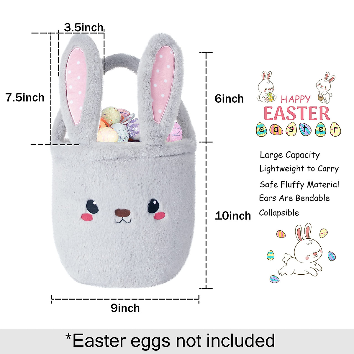 LUBOT Easter Basket for Kids 3D (9inch*9inch) Plush Bunny Baskets with Foldable Ears Egg Hunts bucket for Boys and Girls Easter Decoration Bag Gift, Pink