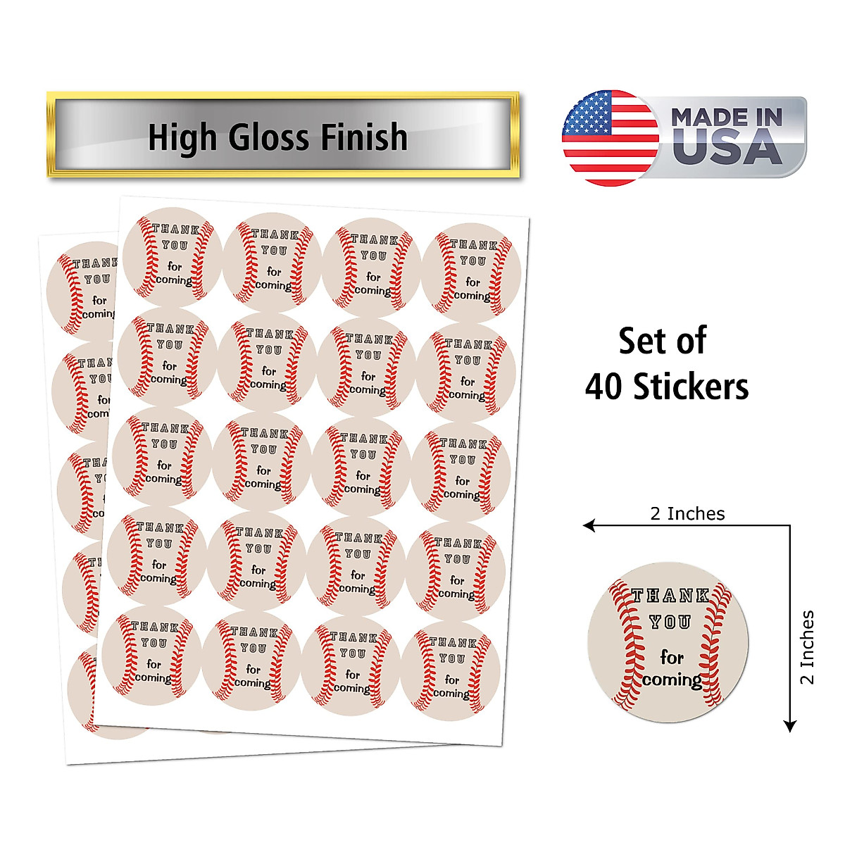 40 Thank You Baseball Labels, 2 Inch Big Round Glossy Stickers, Great Stickers for Birthday Party, Baby Shower, Wedding, Graduation, or Any Family Event Decorations, Made in USA