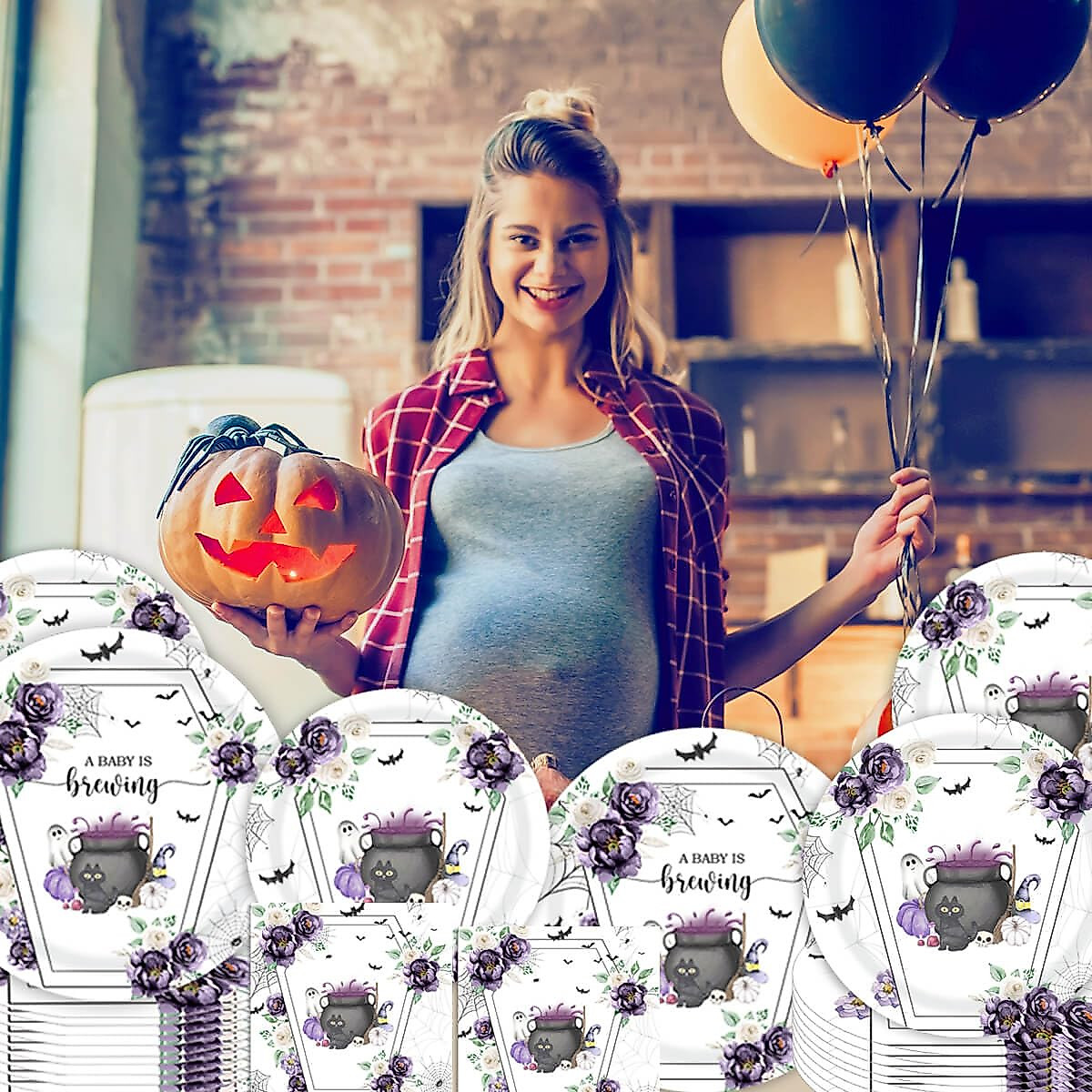 96PCS Halloween Baby Shower Party Supplies A baby is brewing Gender Neutral Plates and Napkins Vampire Bat Baby Sprinkle Tableware Set Serves 24 Guests
