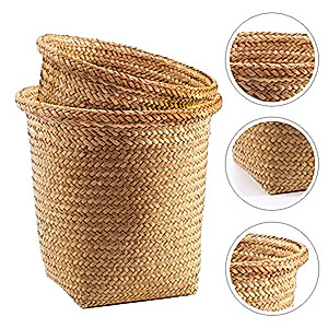 NOLITOY 2pcs Seagrass Waste Basket Woven Trash Can Wicker Waste Paper Basket Round Garbage Container Bin Rattan Laundry Basket Plant Pot for Bedroom Bathroom Kitchen Home Office